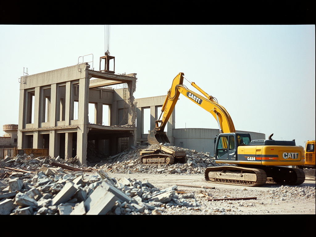 a structure being taken down, demolition in progress, rubble and ...